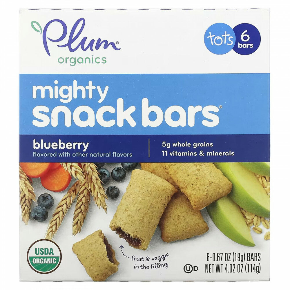 Plum Organics, Mighty Snack Bars, для малышей, голубика, 6 батончиков по 19 г (0,67 унции) каждый