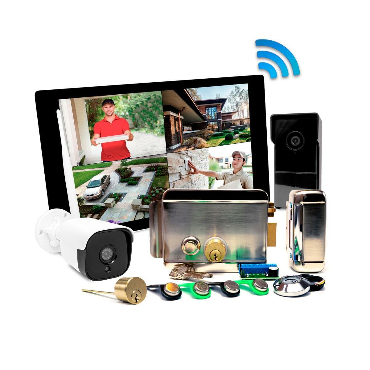 Беспроводной видеодомофон с видеокамерой и замком - SkyNet 1000 (1+1+Zenit) (W5193RU): Wi-Fi HD монитор 10 дюймов, вызывная панель, электромеханическ