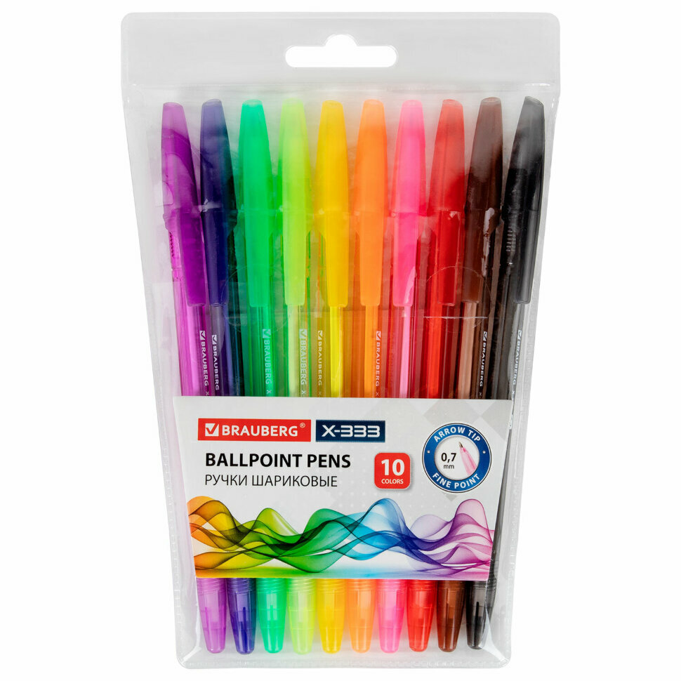 Ручки шариковые BRAUBERG "X-333", набор 10 цветов, узел 0,7 мм, линия 0,35 мм, 144251, 144251