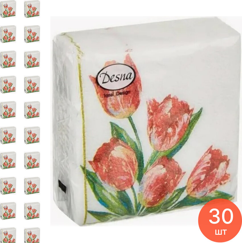 Салфетки бумажные DESNA / десна Красные Тюльпаны однослойные 100% целлюлоза, белые с рисунком 25×25см в упаковке 40шт. / для сервировки (комплект из 30 шт)