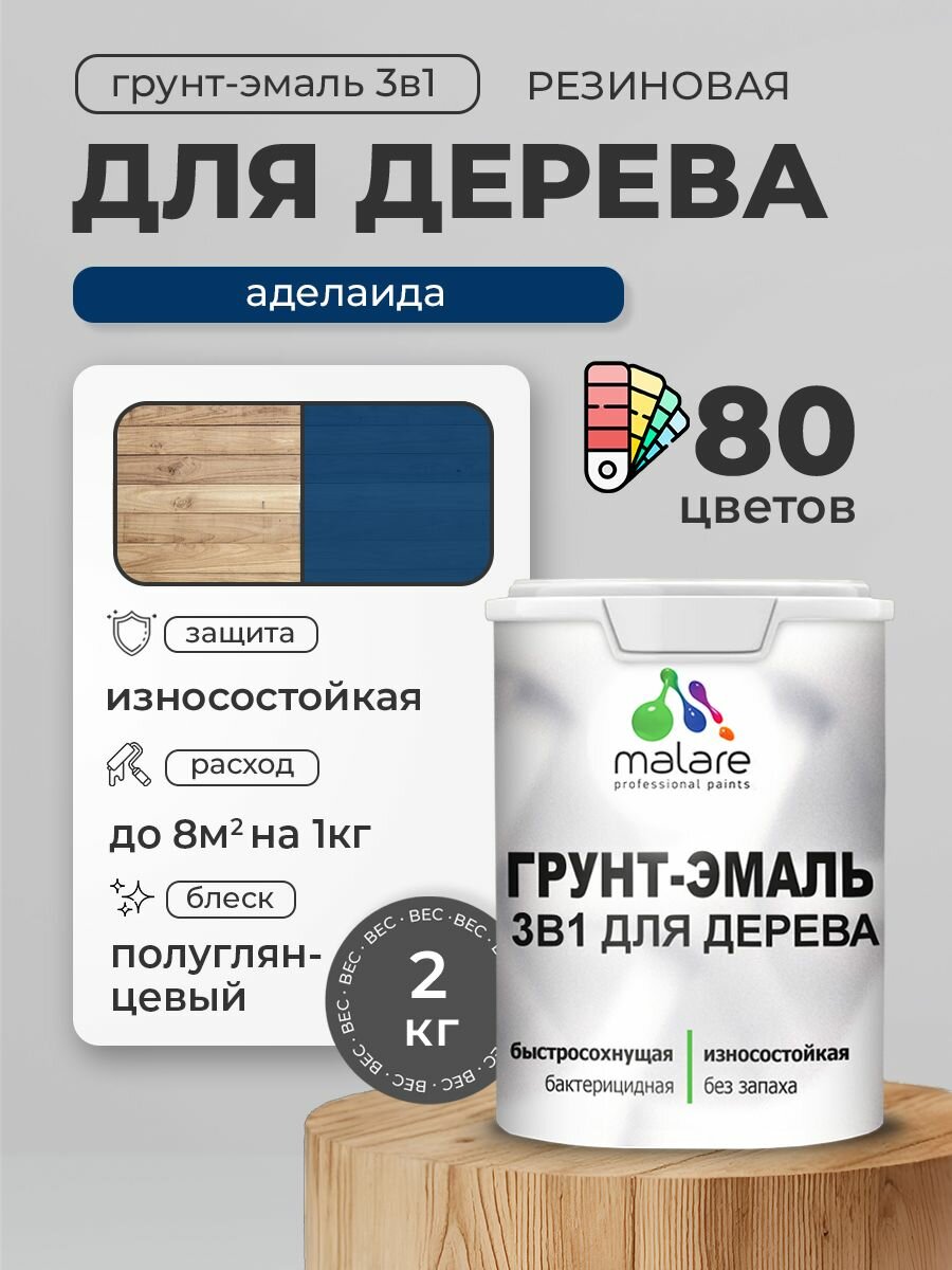 Резиновая Грунт-Эмаль 3 в 1 Malare для деревянных поверхностей/ краска по дереву с антисептическим эффектом/ быстросохнущая моющаяся без запаха полуглянцевая, аделаида, 2 кг