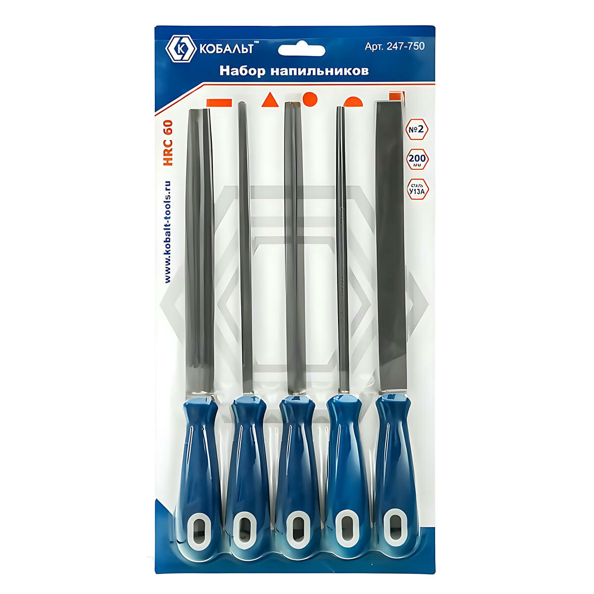 Набор напильников 200 мм №2 (5 шт, двухкомпонентные ручки) кобальт 247-750