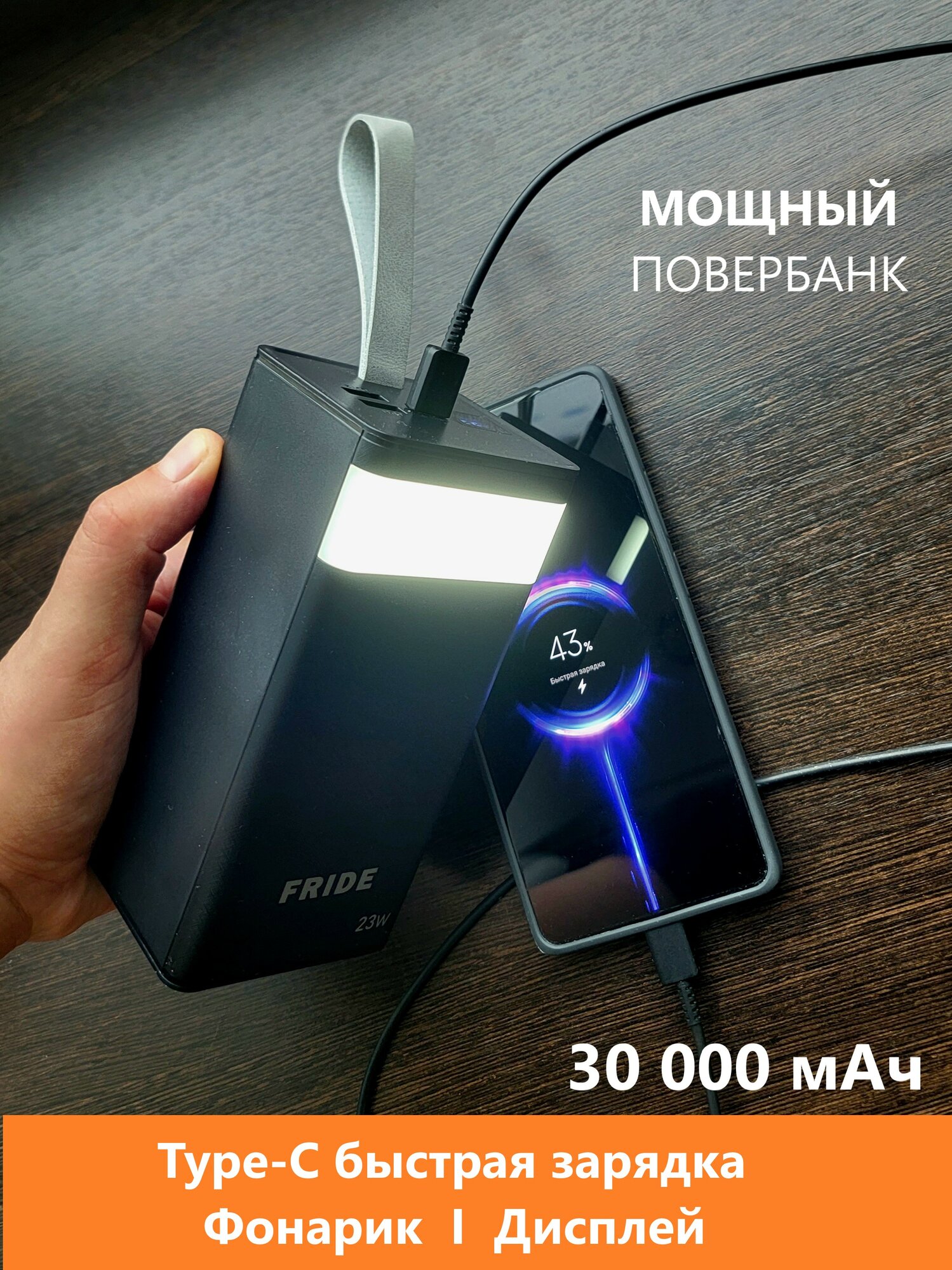 Внешний аккумулятор powerbank 30000 мАч повербанк 18Вт быстрая зарядка дисплей фонарик iPhone Android