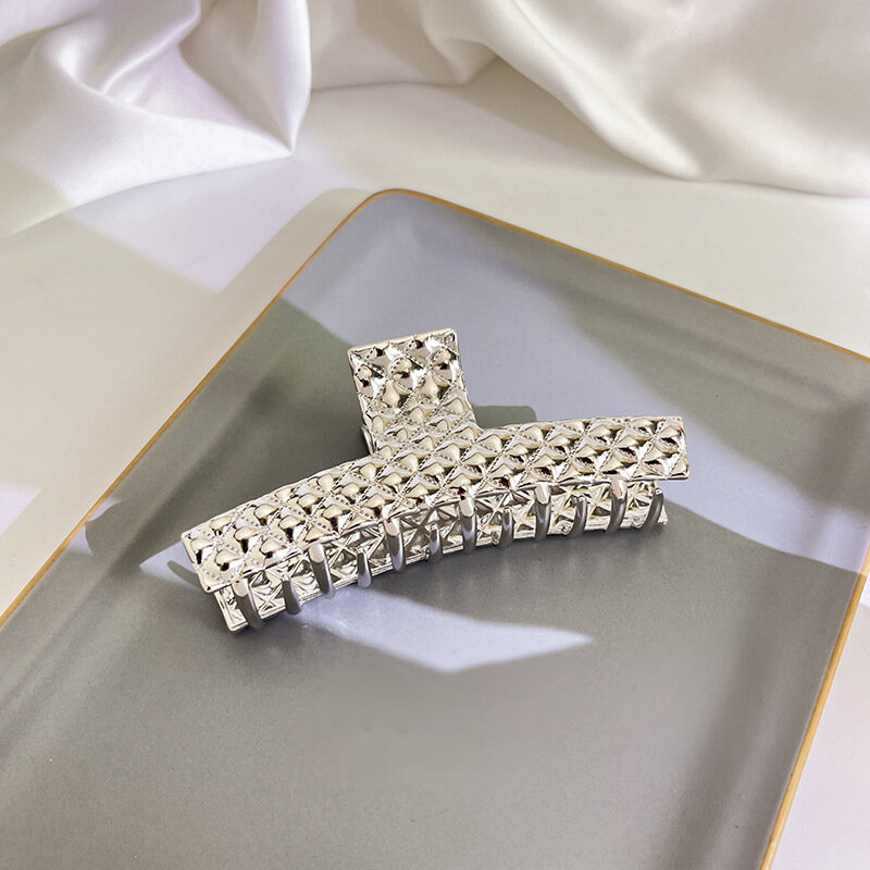 Заколка для волос "Бабочка", шахматный узор, серебристый, кожаный