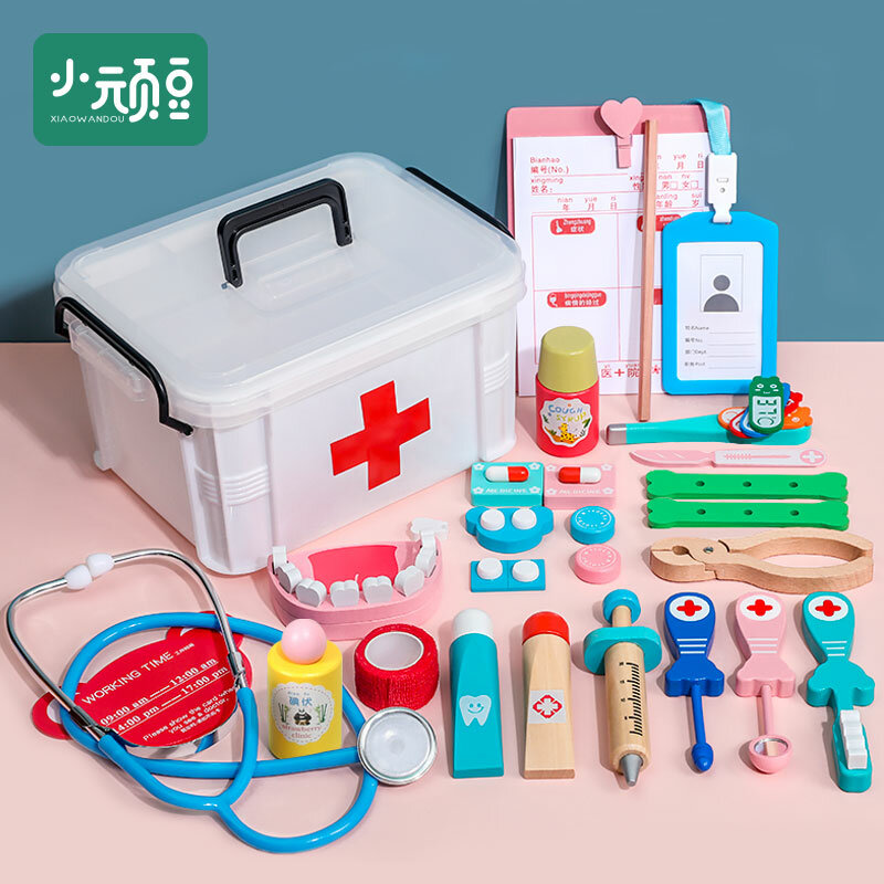 Little Pea Children's Pretend Play Doctor Nurse 28-Piece Set for Boys and Girls, Stethoscope Syringe Hospital Pretend Play for 1-3-6 Year Old Babies, Wooden Pretend Medical Kit Tools Baby Toys