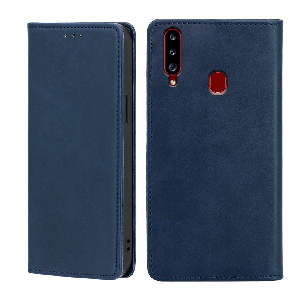 Чехол-книжка MyPads для Samsung Galaxy A20s (SM-A207F) / Самсунг А20s, Телячья кожа, закрывающаяся на магнит, синий