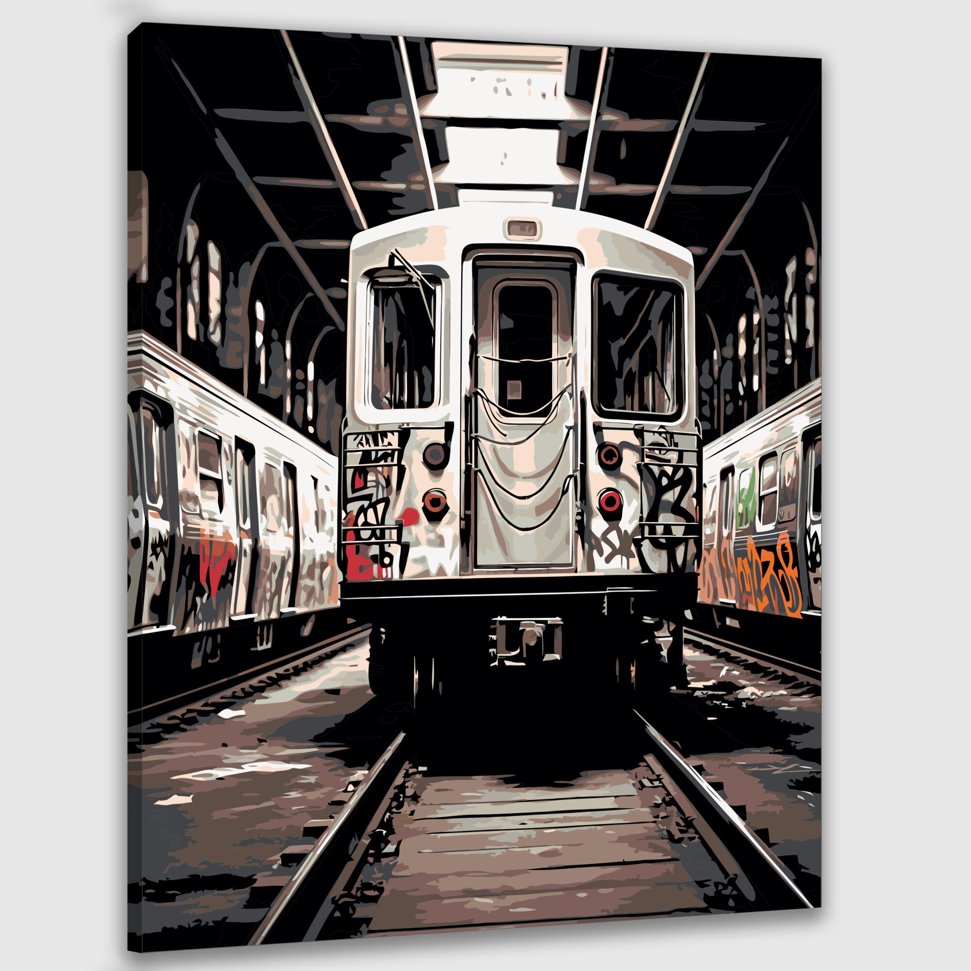 Картина по номерам 40x50 см, граффити, черно-белая фотография, поезд метро, контрастность, детали, текстуры, f