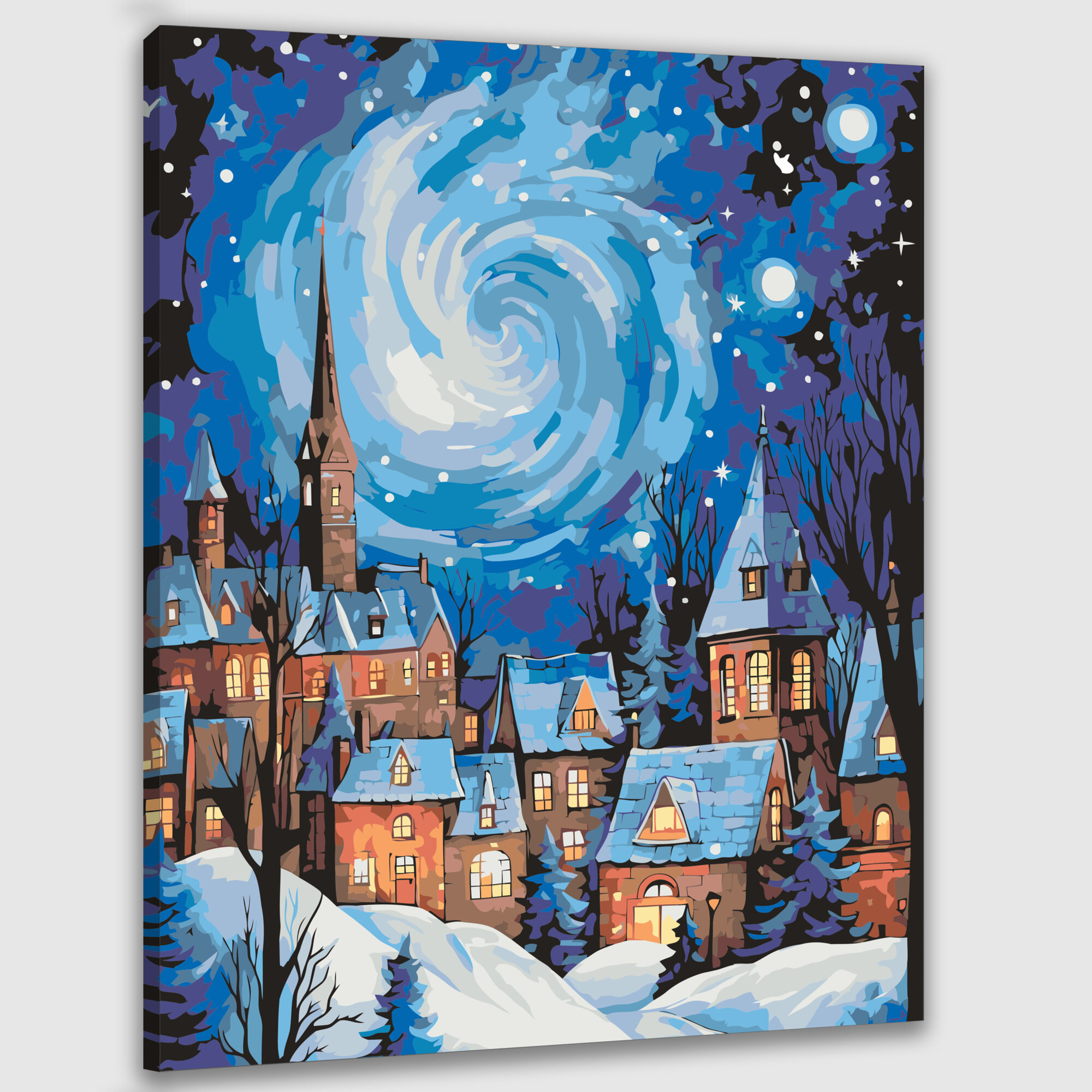 Картина по номерам 40x50 см, звездное ночное небо, галактики, созвездия, деревня, холмы, лунный свет