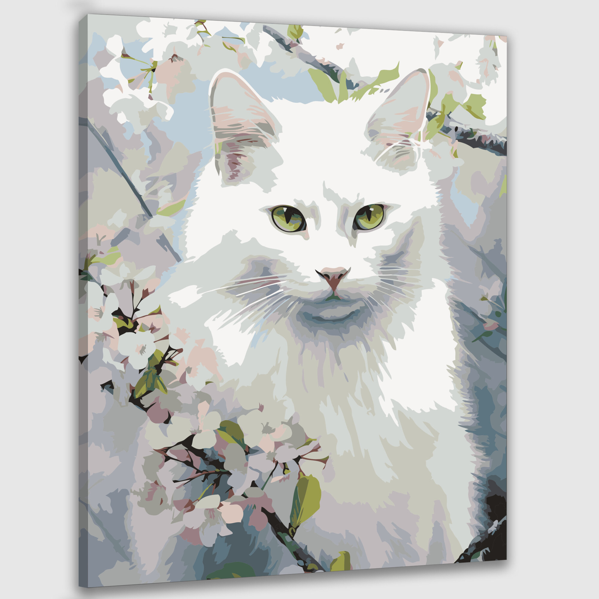 Картина по номерам 40x50 см, кошка, акварель, иллюстрация, гетерохромные глаза, голубой глаз, зеленый глаз, вишня