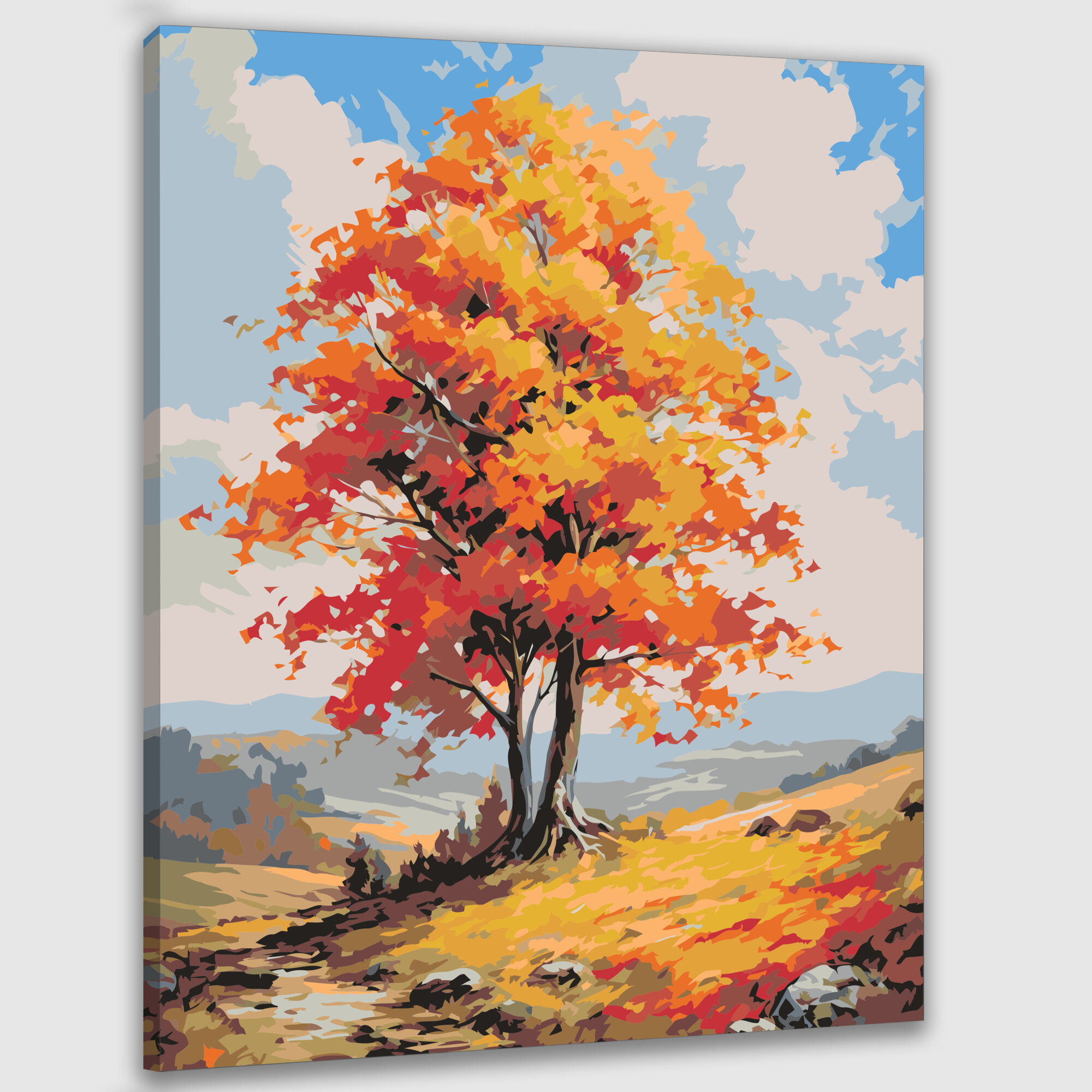 Картина по номерам 40x50 см, картина, масло, осенний пейзаж, клен, оранжевая листва, красная листва, холмы, ветви