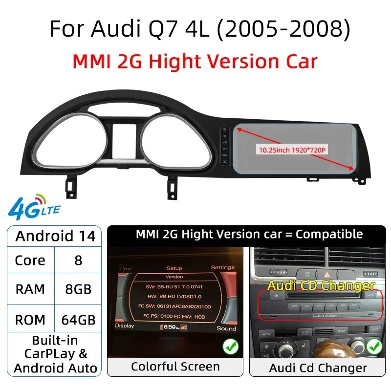 Автомагнитола Android 14 с CarPlay для Audi A6 C6 4F, Audi Q7 4L 2005-2015, MMI 2G Q7 8G64 MMI 2G