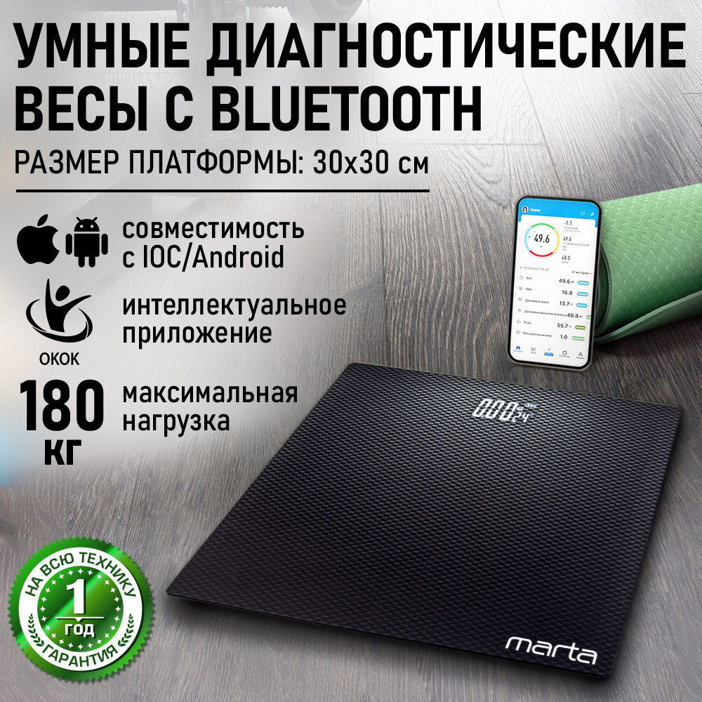 Весы напольные умные MARTA MT-SC3605 карбон
