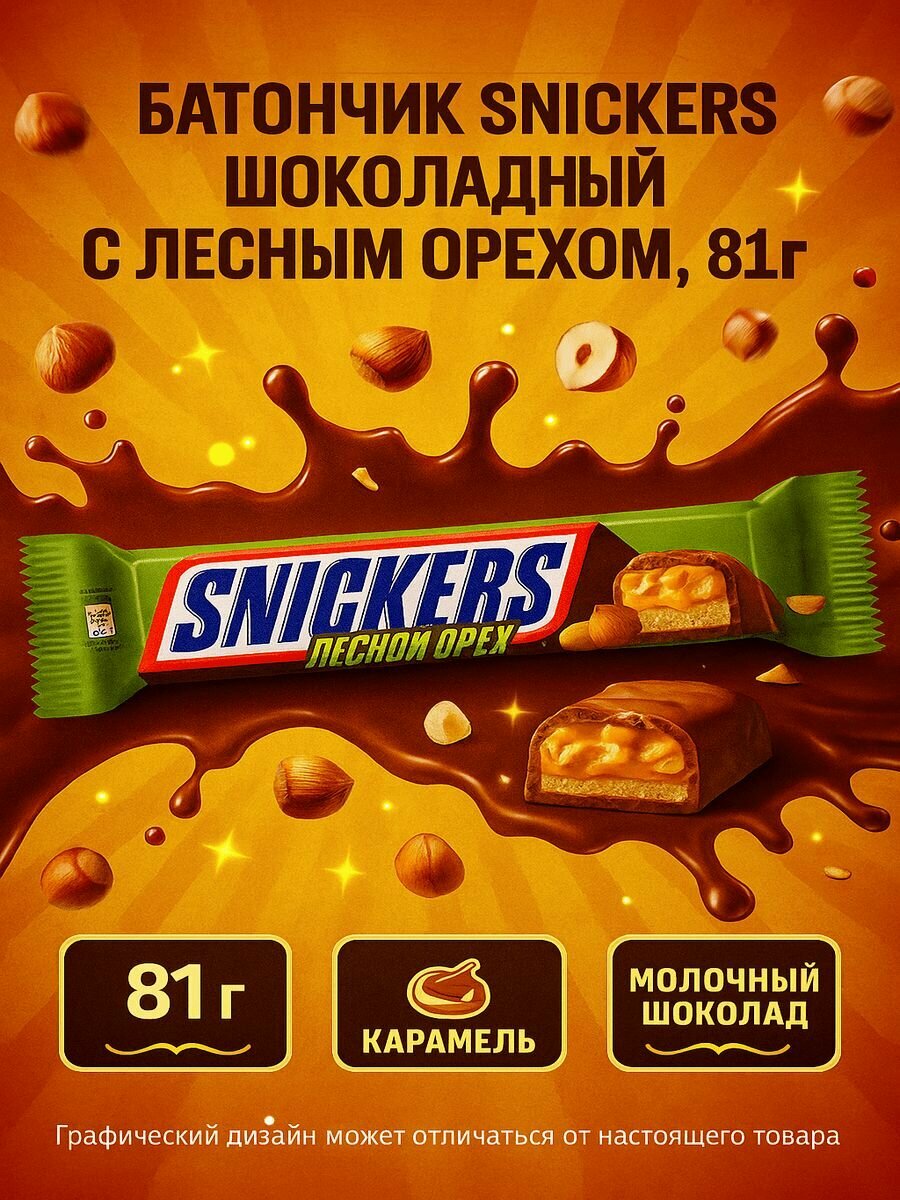 Батончик Snickers шоколадный с лесным орехом, 81г
