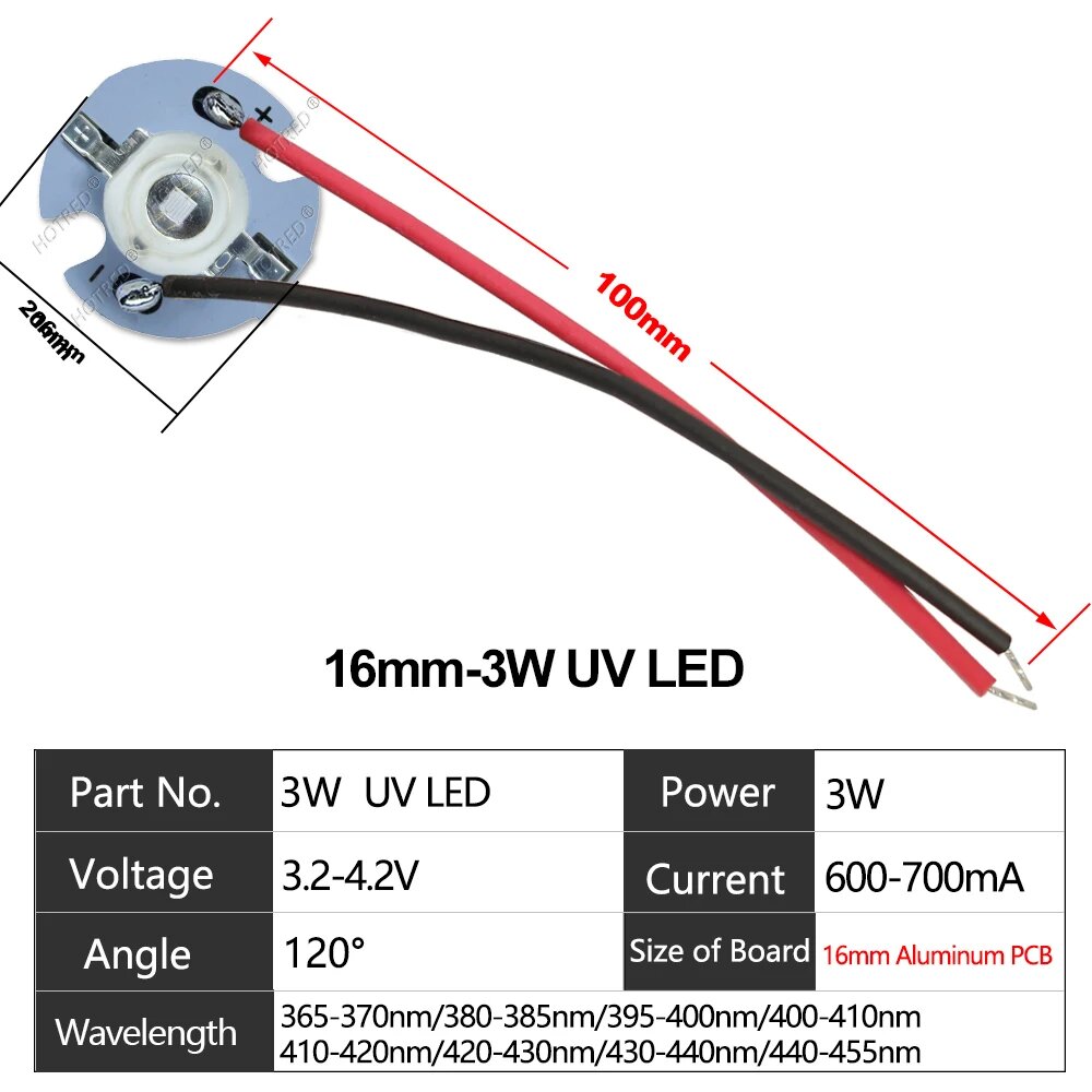 3W УФ-LED 16mm, 400-410nm, 120°, 100mm