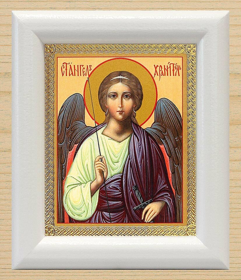 Ангел Хранитель (лик № 005), икона в белой деревянной рамке 8*9,5 см