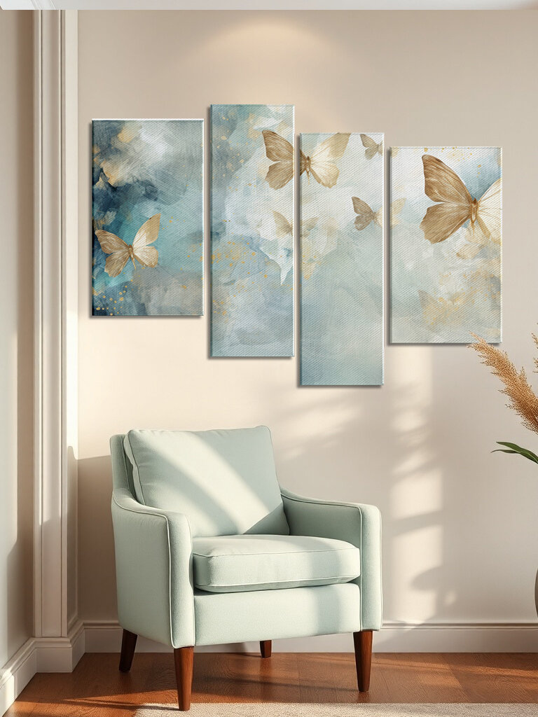 Картина модульная 140х100 см на стекле для интерьера/ Золотые бабочки, Diva Kartina