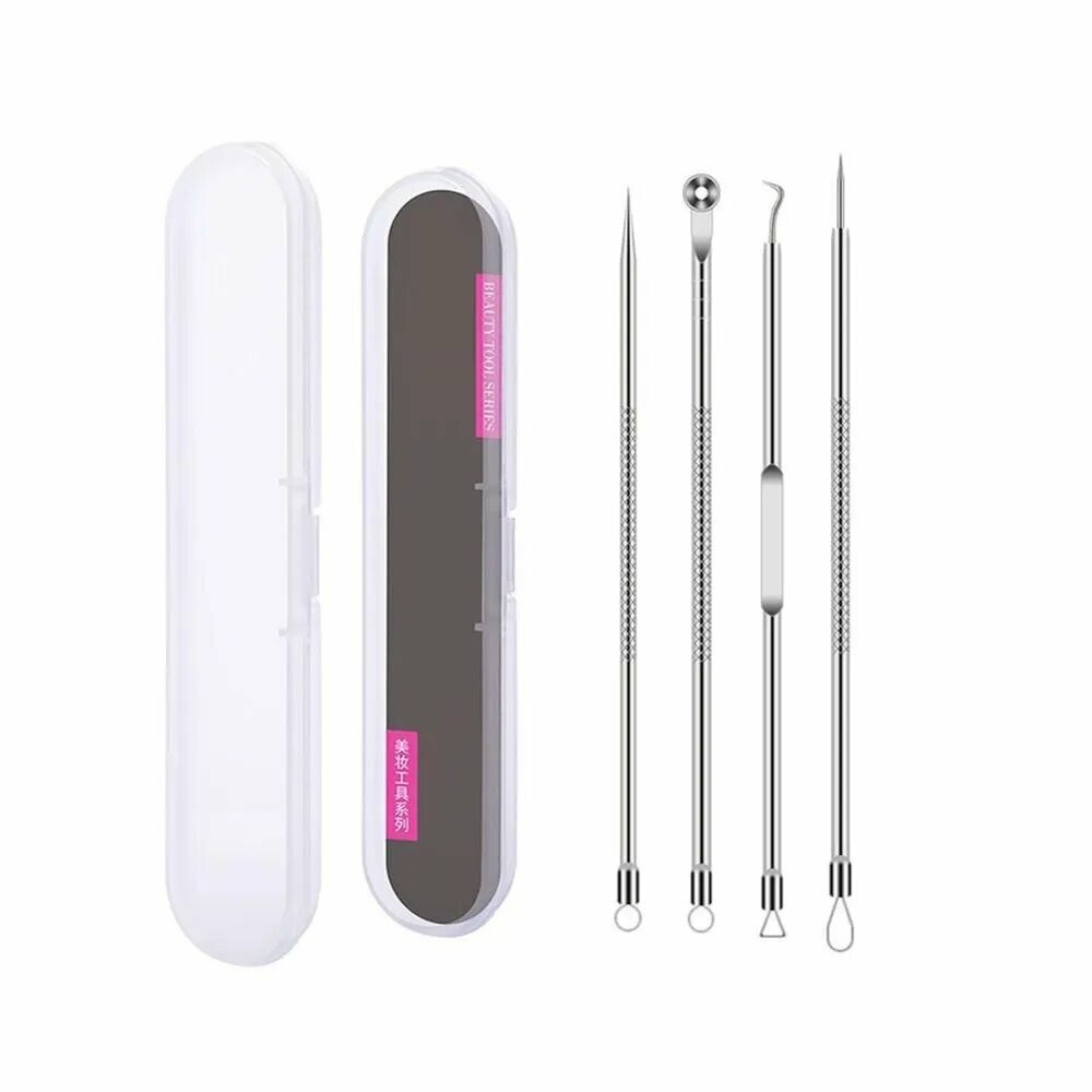 Косметологический инструмент Loverss хромированный для чистки кожи лица и тела. Чистка пор. Для удаления выдавливания прыщей, акне, чёрных точек, угрей. Петля Видаля. Игла изогнутая. Ложка уно. 4 шт.