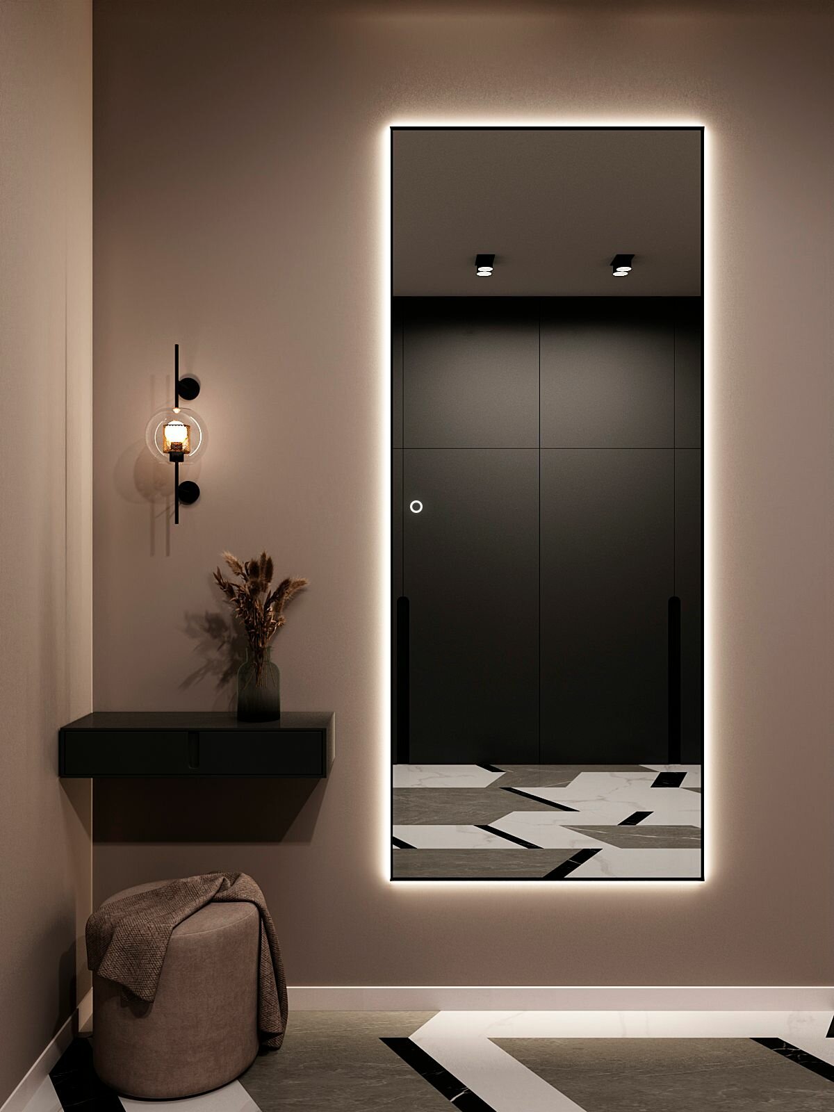 Зеркало настенное 210х90 см. черное с подсветкой сенсорное в алюминиевой раме интерьерное BLX MIRROR