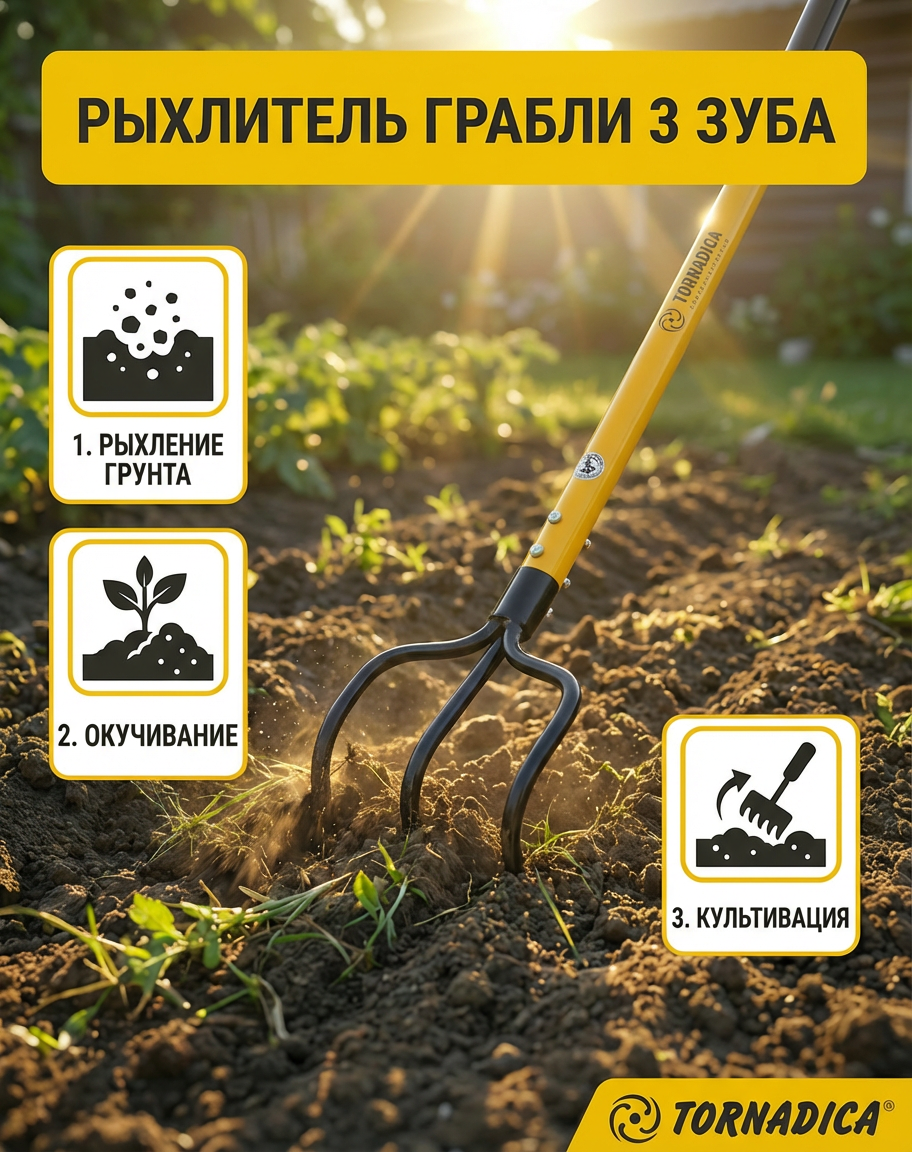 Мотыга Грабли с черенком стальные 3 зуба ширина 14 см. длина 166 см. Торнадика / Рыхлитель грабли с черенком Tornadica