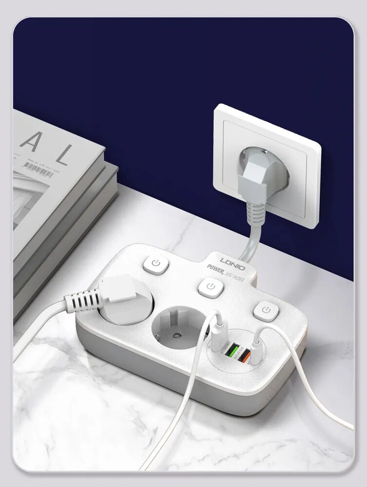 Розетка LDNIO сетевой удлинитель с выключателем и 3 USB портами, белый — фото 1