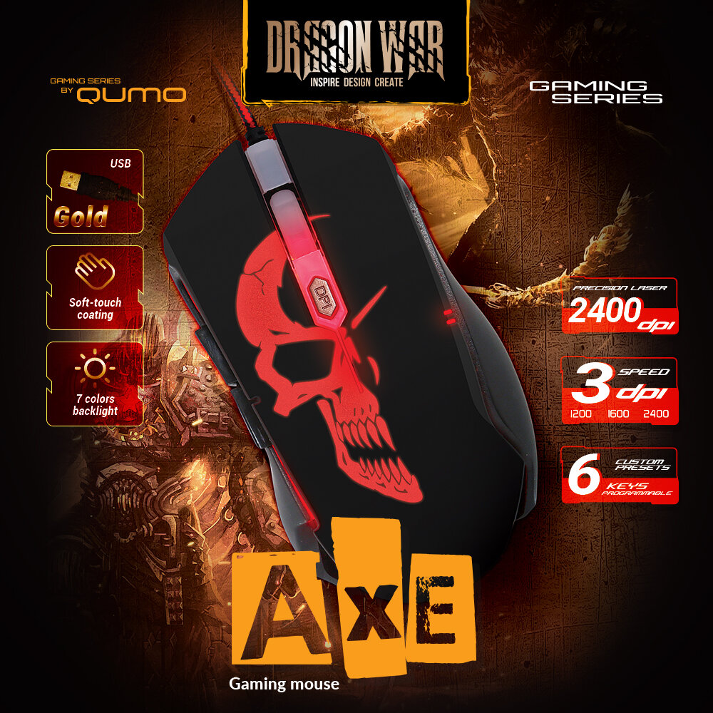 Мышь компьютерная игровая Qumo Axe M07, проводная, оптическая, 800/1200/1600/2400 dpi