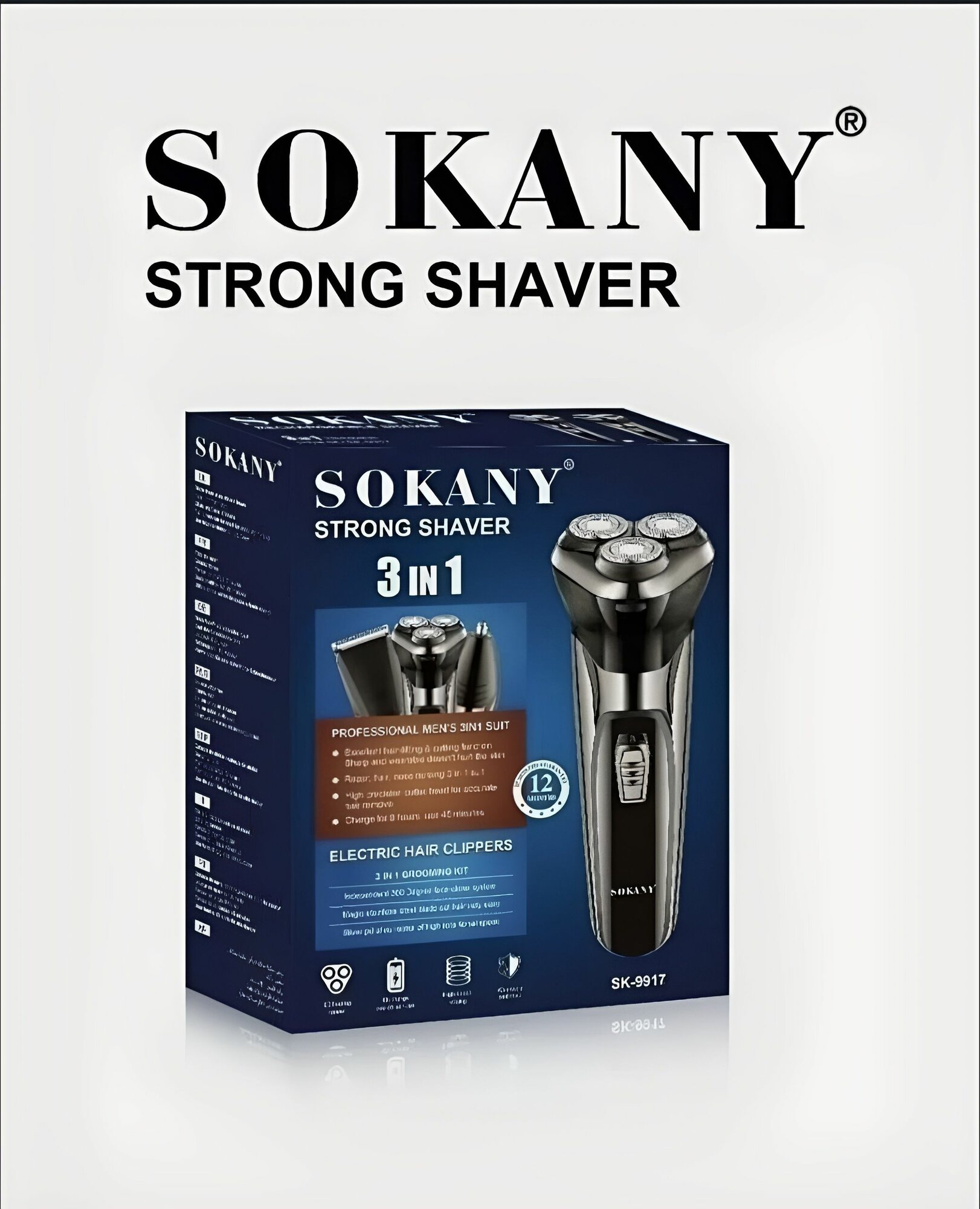 Электрическая бритва-триммер для бороды и усов 3 в 1/Sokany SK-9917/для сухого и влажного бритья/3D плавающая головка/без раздражения на коже/черный