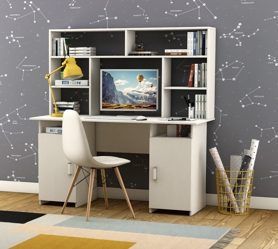 Стол письменный, стол компьютерный Лайт (Ньюкасл) 6 с надстройкой белое дерево