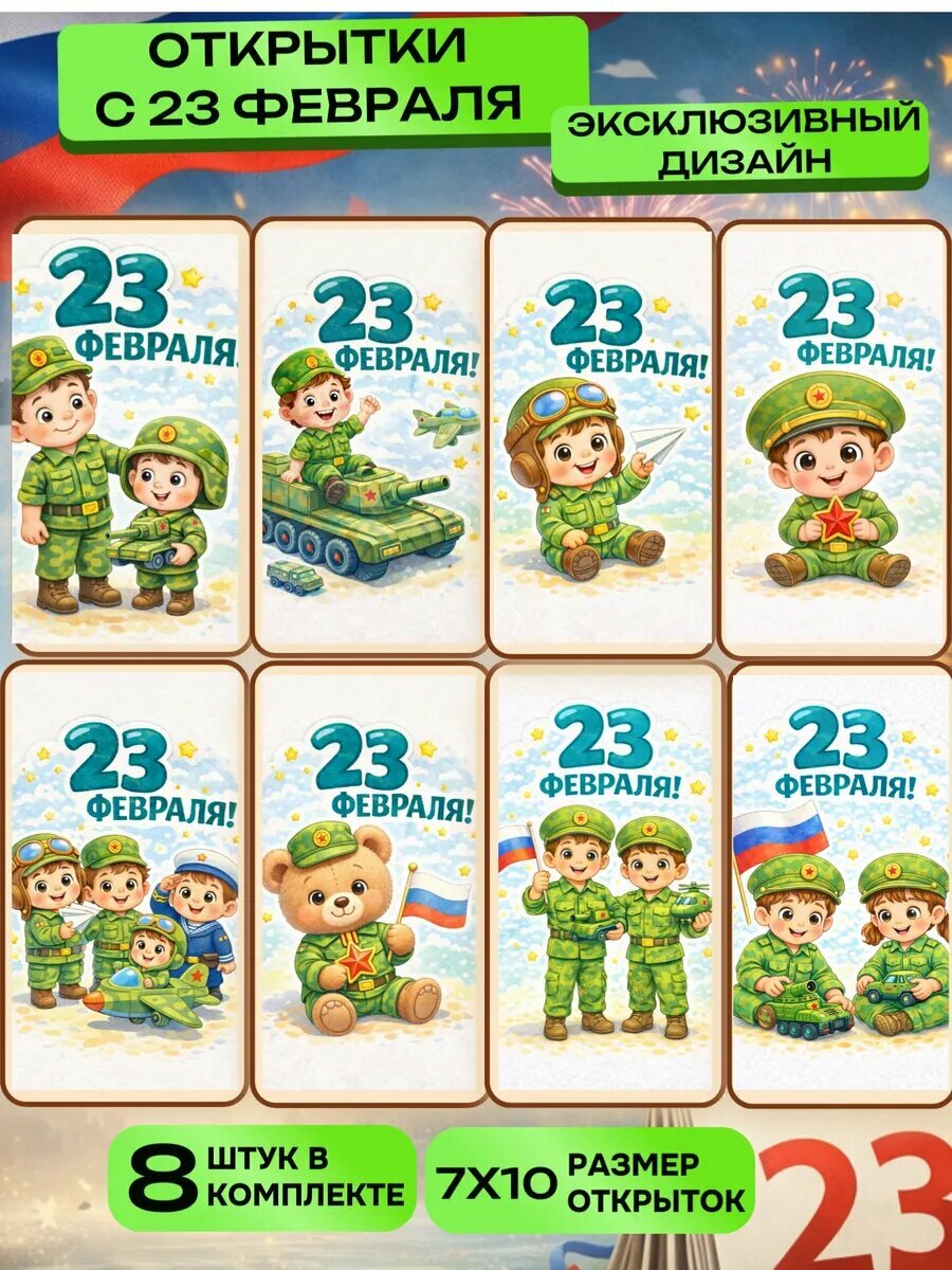 Открытка с Днем Защитника Отечества 8 шт 7х10 см