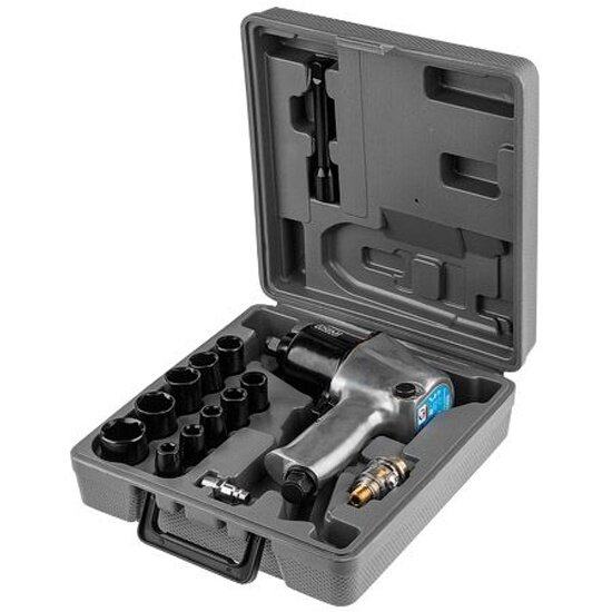 Dgm Пневмогайковерт 1/2" DTW-7012 с лубрикатором и головками (580 Нм, Ударный мех-м: twin hammer, 7000 об/мин, Макс. резьба: М18, 220 л/мин,)