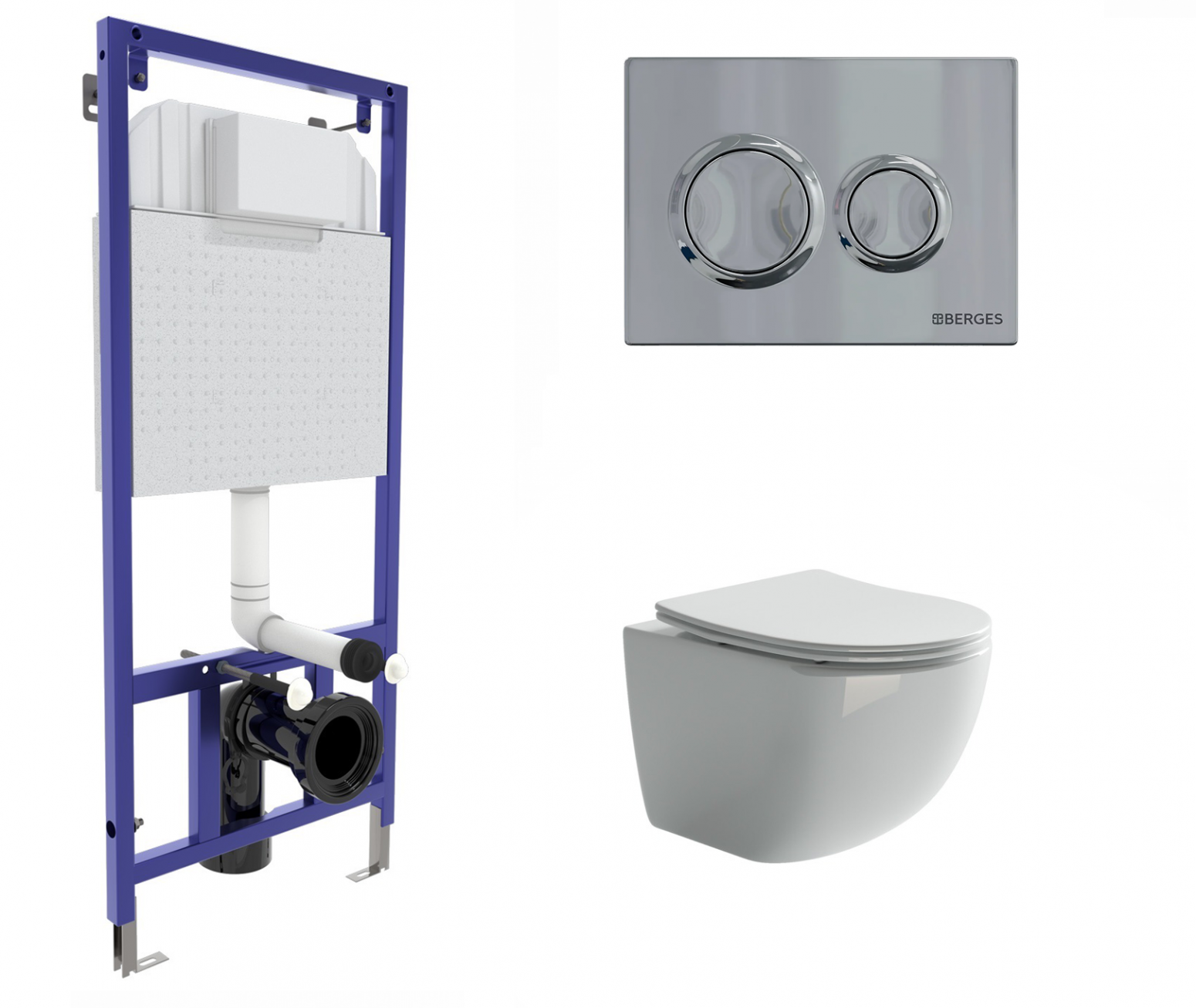 Комплект 3 в 1 инсталляция Berges Novum O3 + Унитаз подвесной Ceramica Nova Forma CN3009 с кнопкой глянцевой хром