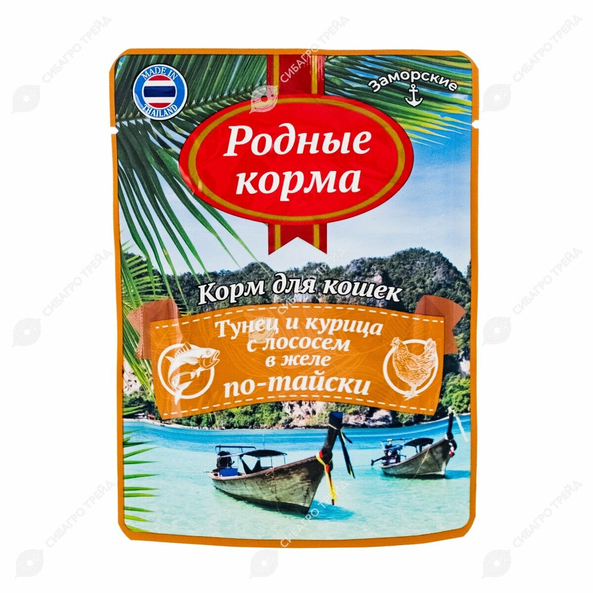 Пауч родные корма заморские для кошек тунец и курица с лососем в желе по-тайски 70 г