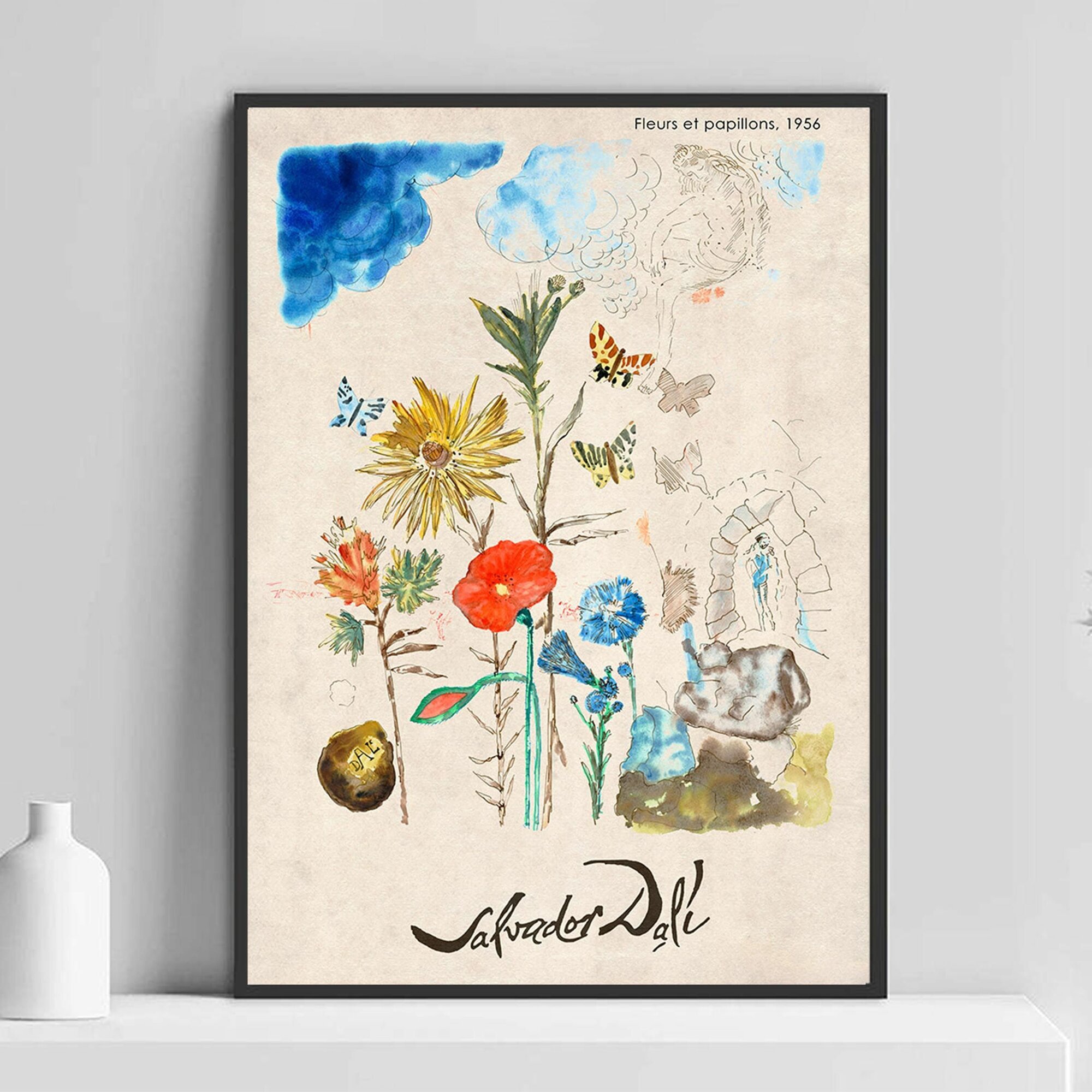 Интерьерный постер Сальвадора Дали "Цветы и бабочки", А2, без рамы. Винтажный плакат в стиле сюрреализм