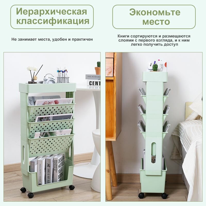 Этажерка Напольная этажерка органайзер для книг на колесах, 5 секц, Пластик, 15*37,5*78 см