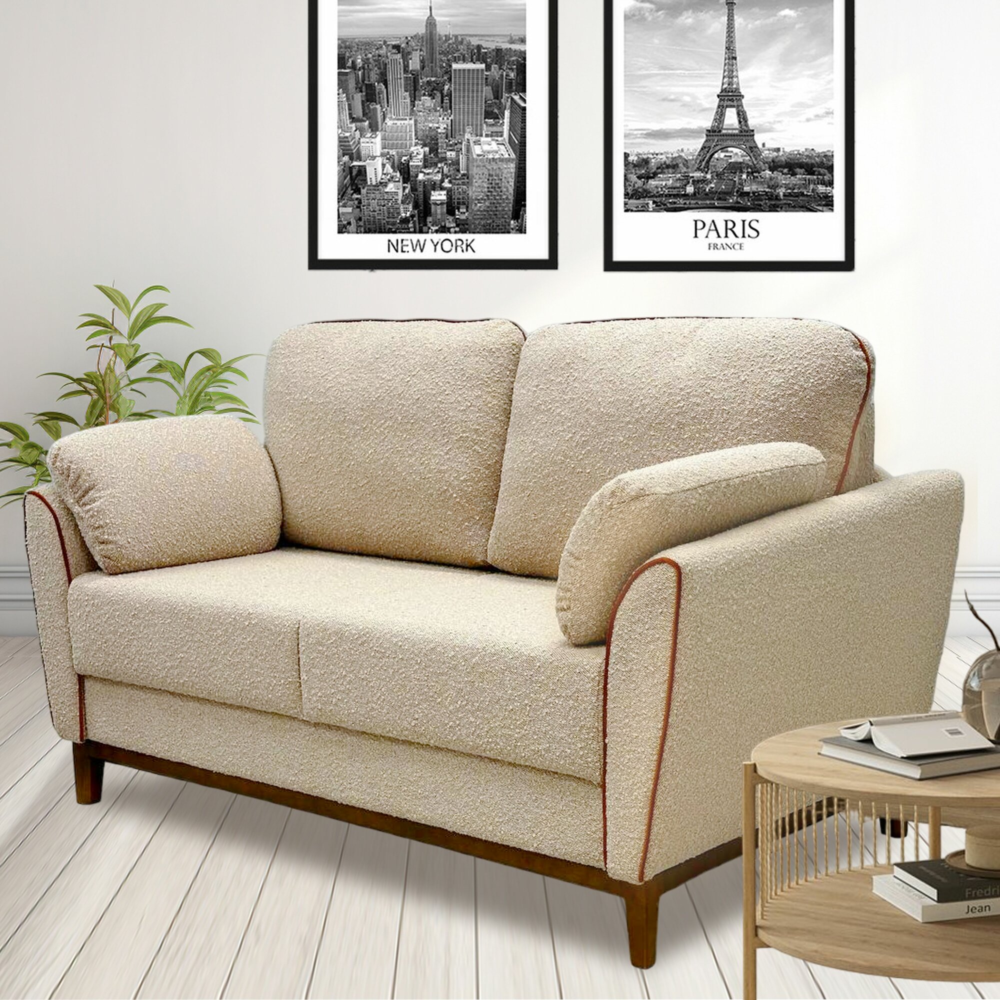 Диван-кровать Степ П1, бежевая ткань, букле, деревянная рама, массив дерева, неглубокий, маленький, на высоких ножках.