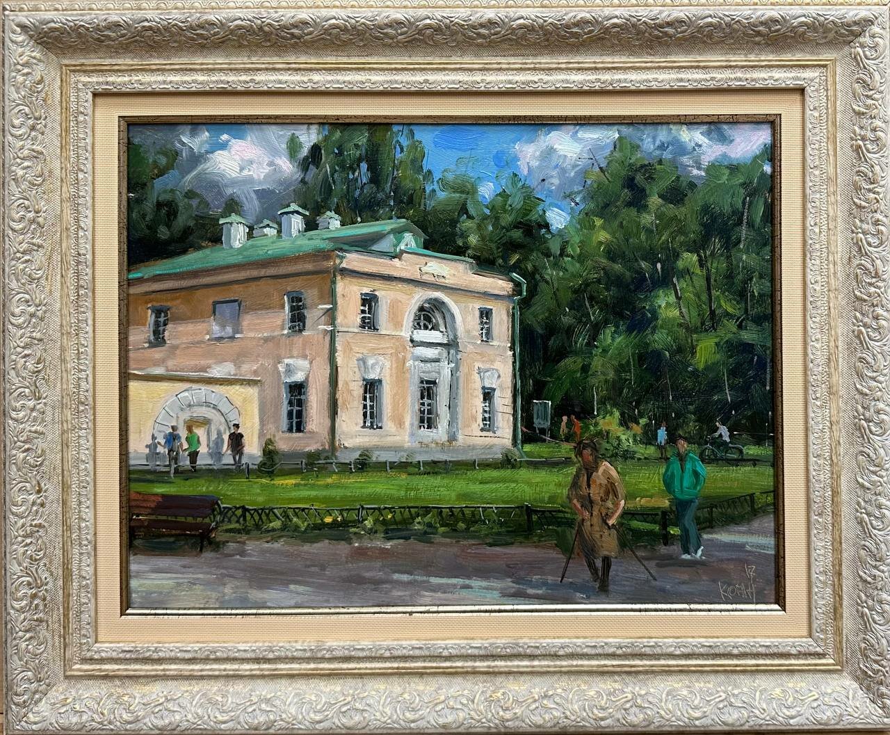 Картина маслом на МДФ, городской пейзаж "Парк Кузьминки. Конный двор"