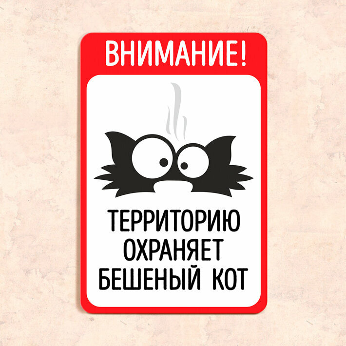 Табличка "Внимание территорию охраняет бешенный кот", 20х30 см, УФ-печать, ПВХ