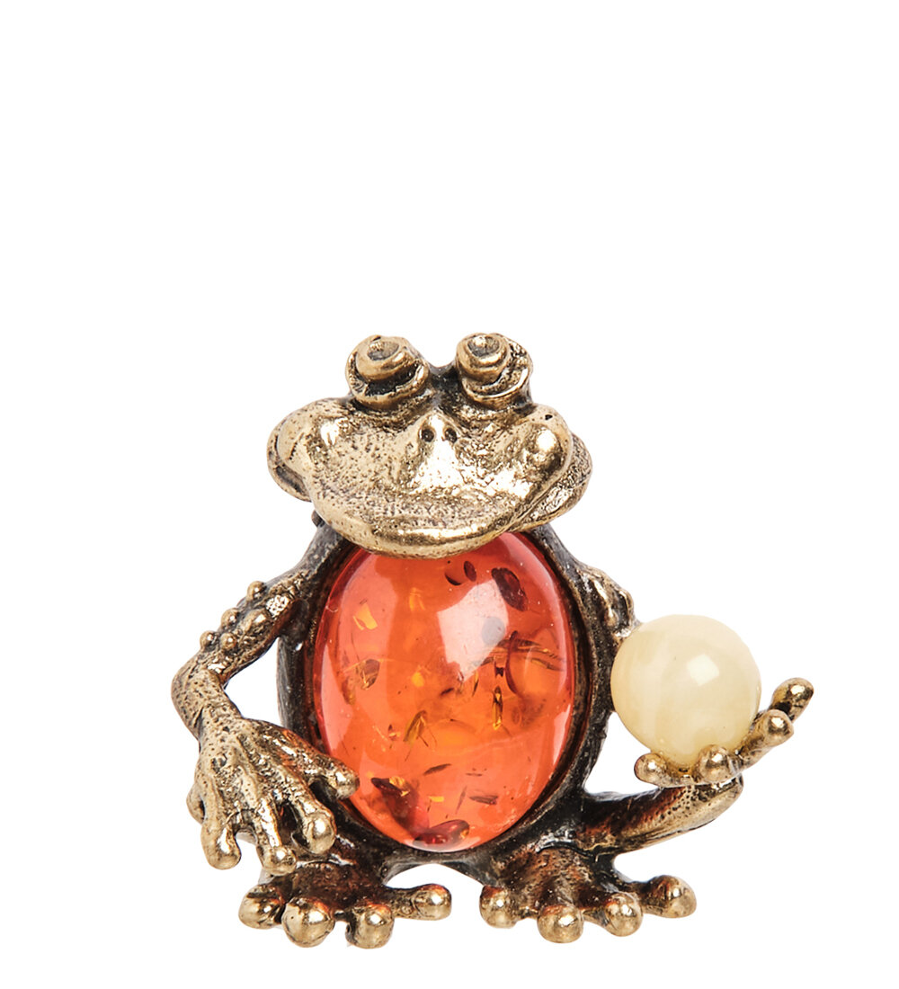 Фигурка 'Лягушка с шаром' (латунь, янтарь)