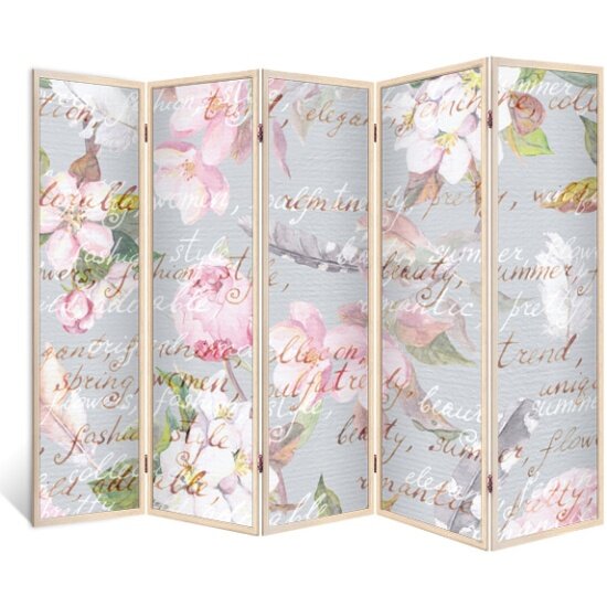 Ширма перегородка Декор Депо для комнаты деревянная "Цветочное письмо" двухсторонняя с картинкой (цветы) 5 створок кремовый дуб 176х230 см 18 кг