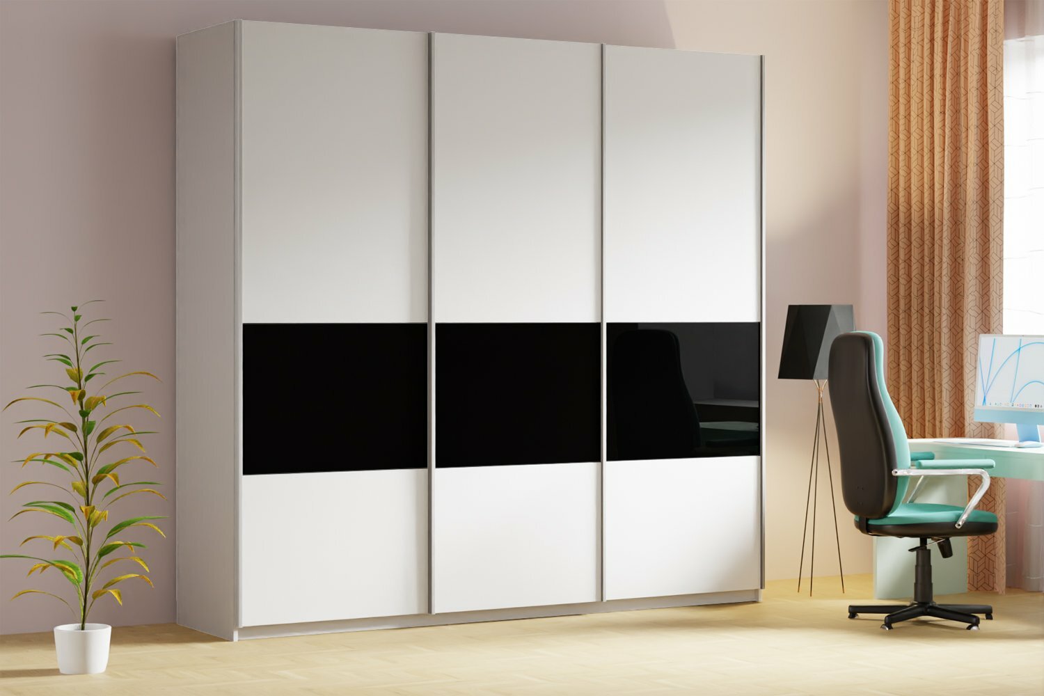 Шкаф-купе 2,4 Прайм 3-х дверный 240х230х57 широкий Лдсп Черное стекло Белый снег с доводчиками