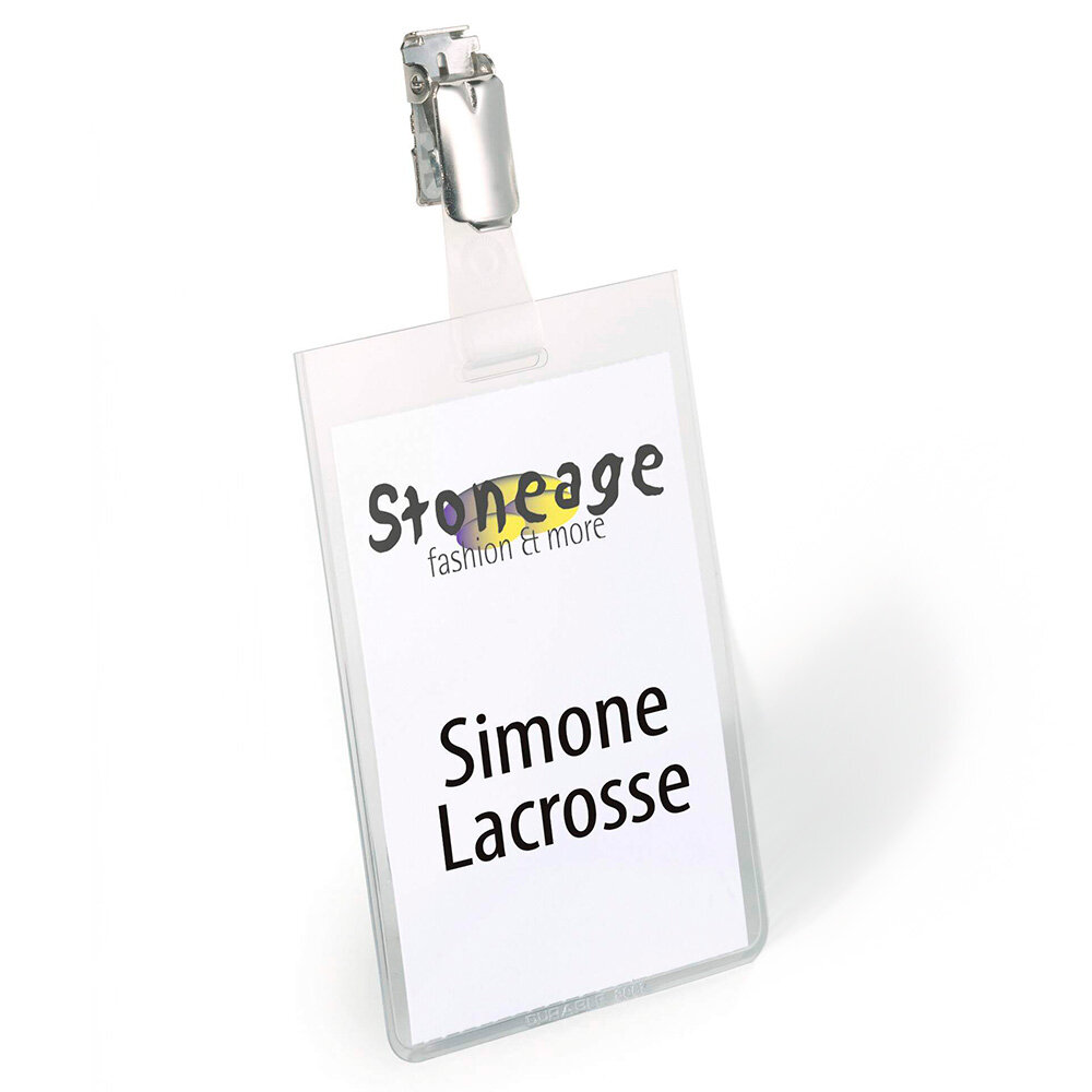 Бейдж, 90х60 мм, с поворотным клипом DURABLE(Германия), ПВХ, вертикальный, прозрачный, Акция!