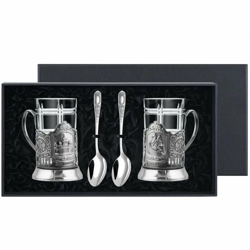 Кольчугинский мельхиор Набор подстаканников никел. с черн. с лож. на 2 перс. Медный всадник+Исаакиевский собор (НБФ7408/3)