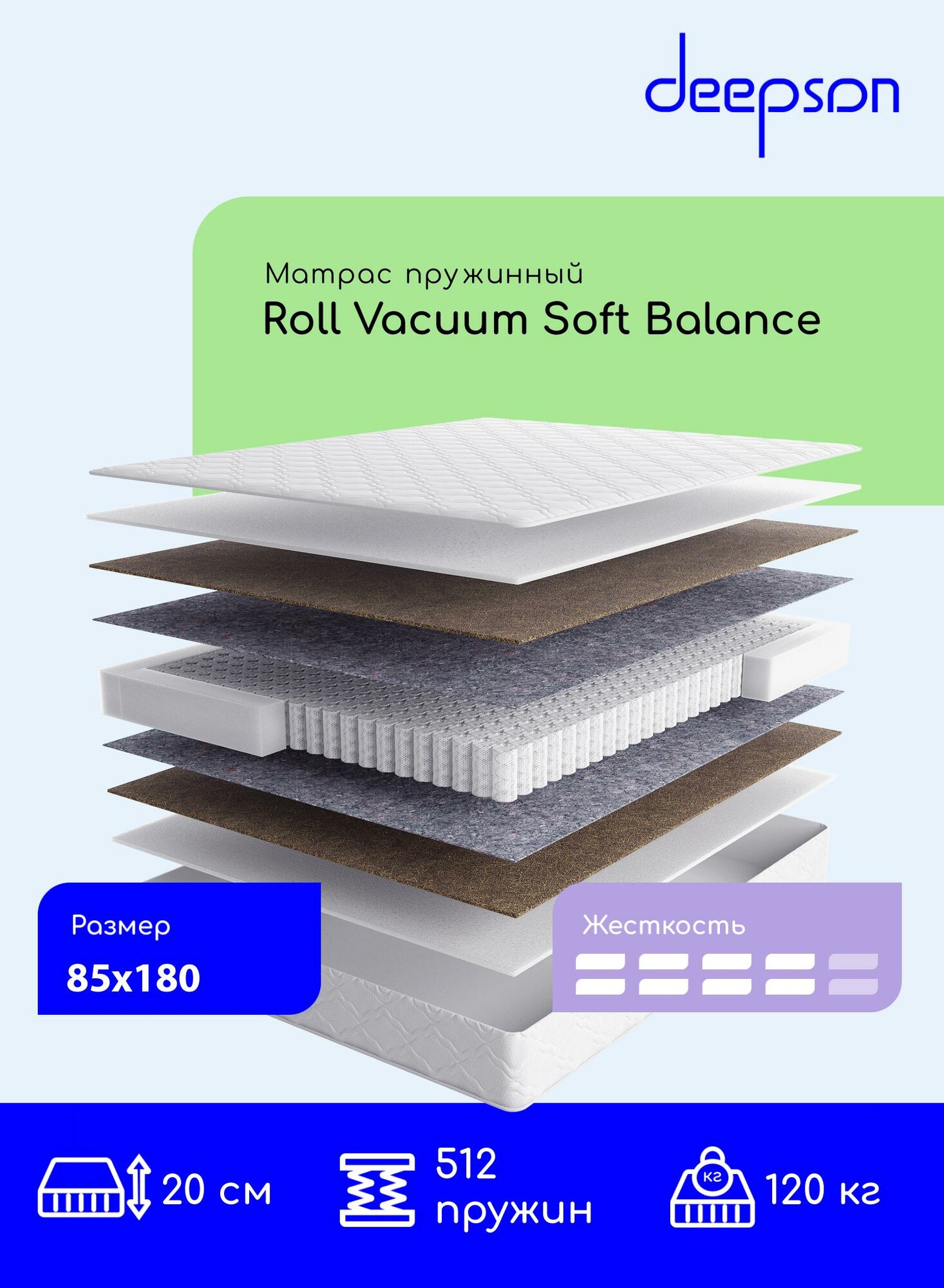 Матрас 85x180 ортопедический независимые пружинны Deepson Roll Vacuum Soft Balance S500