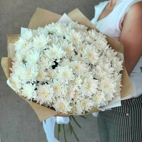 Букет хризантем Well Flowers, круглый, 15 цветков, в крафт, букет свежих цветов