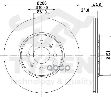 Диск тормозной, передний Renault Kaptur 13>, Clio II, III, V 00>, Kangoo I 00>, Megane I, II 96> TYREN арт. TYR1017451