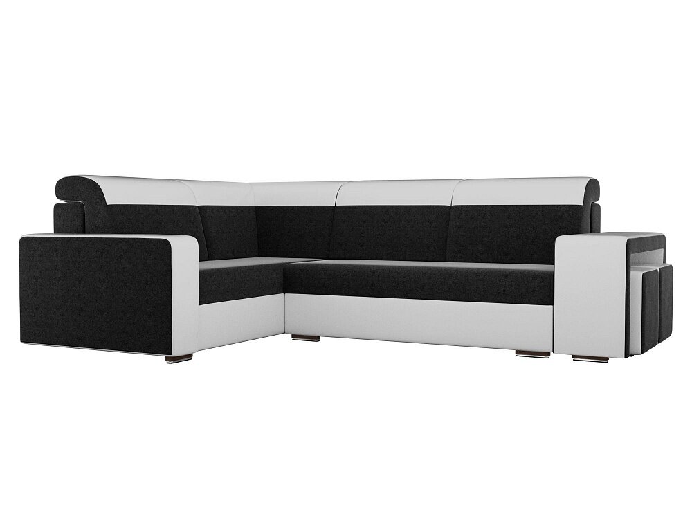 Угловой диван Мустанг с двумя пуфами Черно-Белый Экокожа Вельвет Левый, еврокнижка, 275х210х93 см, с ящиком для белья