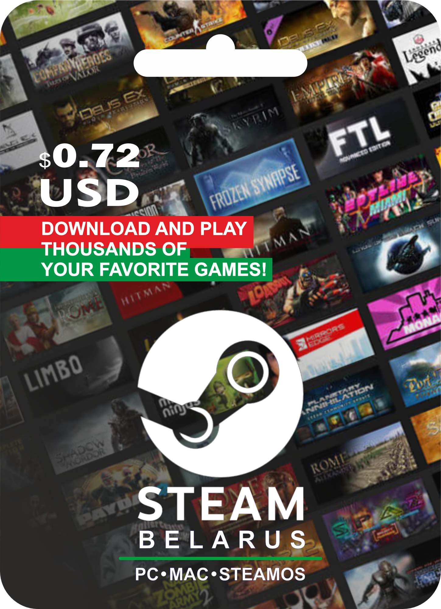 Подарочная карта Steam 0.72$ Беларусь / Steam Gift Card 0.72 USD Belarus