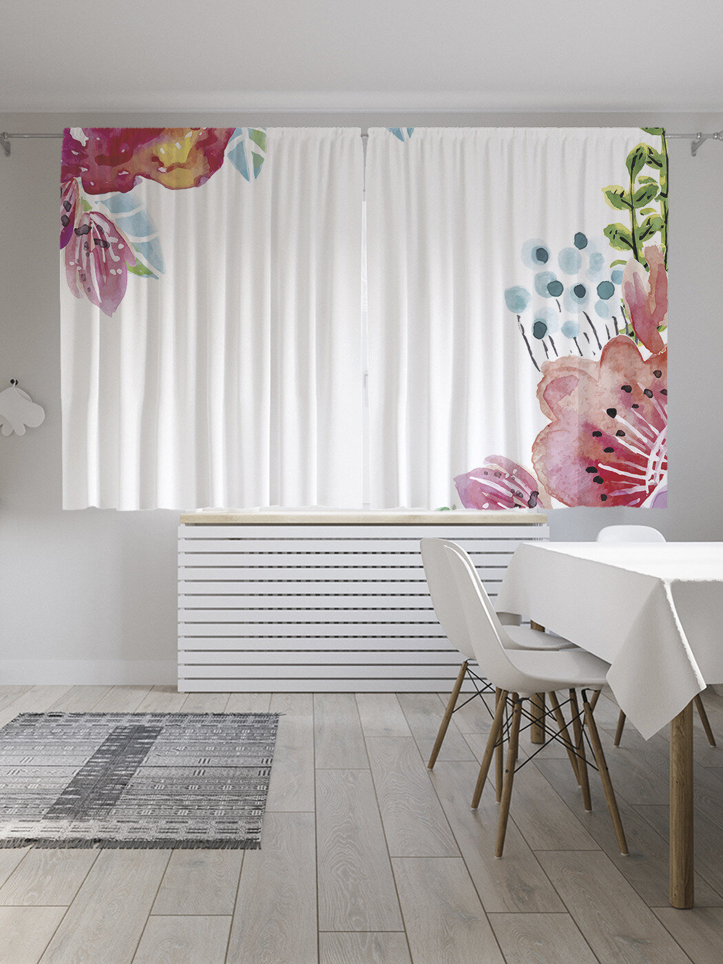 Фотошторы короткие "Акварельные полевые цветы", 2 полотна шириной по 145 см, высота 180 см, JoyArty