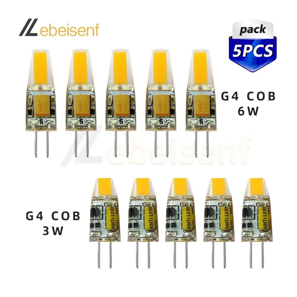 5 шт. Светодиодная лампа Lebeisenf G4 3Вт/6Вт Силиконовая Warm White(3000K), 12V 6W(1505 COB)
