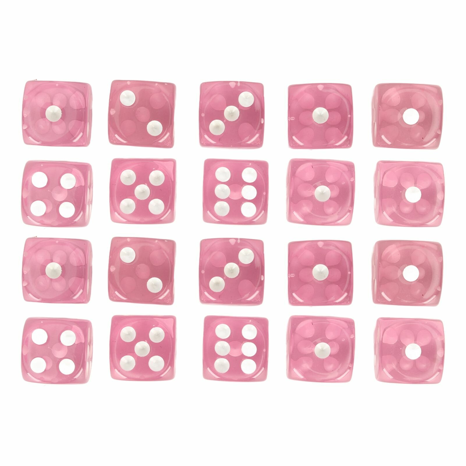 Набор из 20 прозрачных 6-гранных игральных костей с закругленными углами для настольных игр, обучения математике, розовые игральные кости с белыми точками