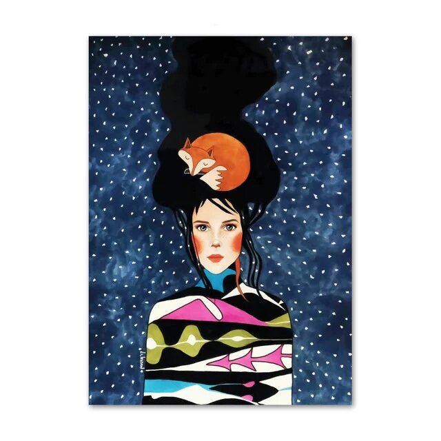Картина на холсте "Девушка с лисой" 20x25см, Черный, Без рамки